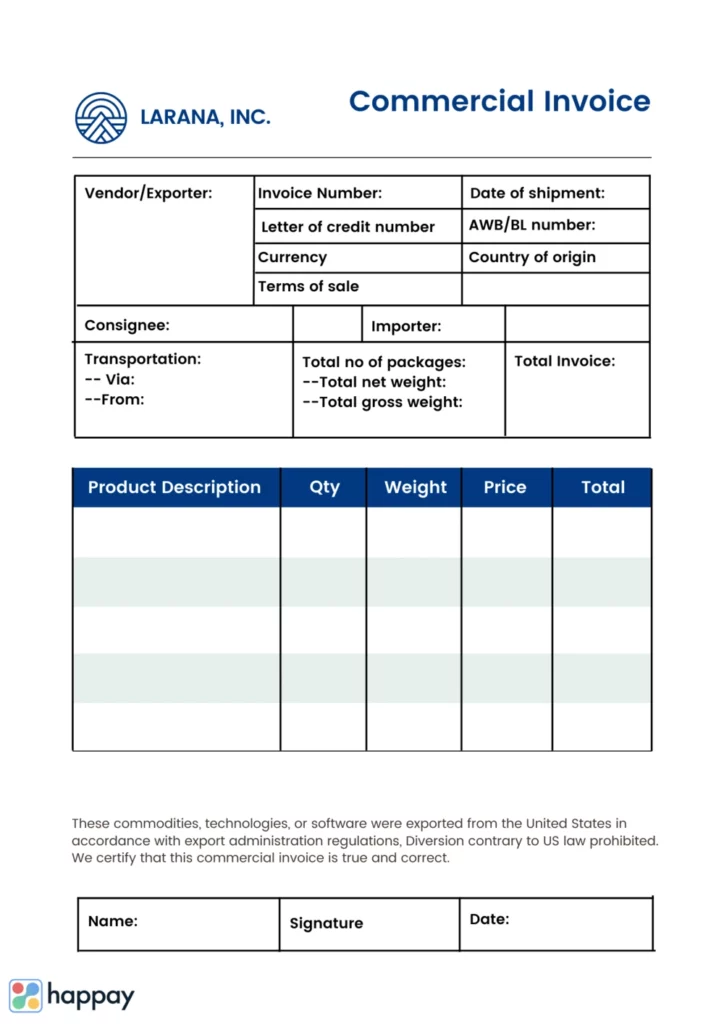 customs invoice example